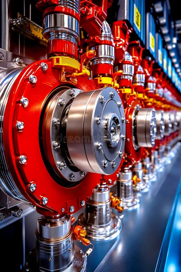 A Row of Red and Silver Valves in a Large Room Stock Image - Image of ...