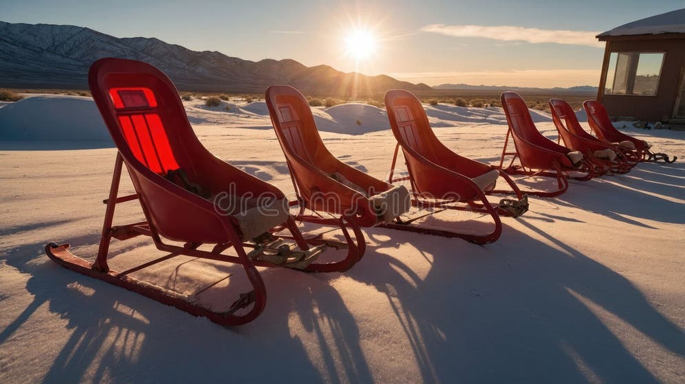Red Sledges on Snowy Landscape at Sunset, Winter Recreation Stock ...