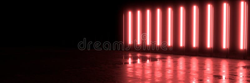 A Row of Red Streetlights with Reflections on the Wet Asphalt. 3d ...
