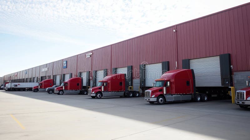 A Row of Red Trucks Parked Outside a Warehouse with Loading Docks Stock ...