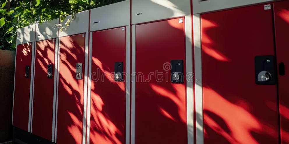 A Row of Red and White Lockers with a Shadow Cast on Them Stock Image ...