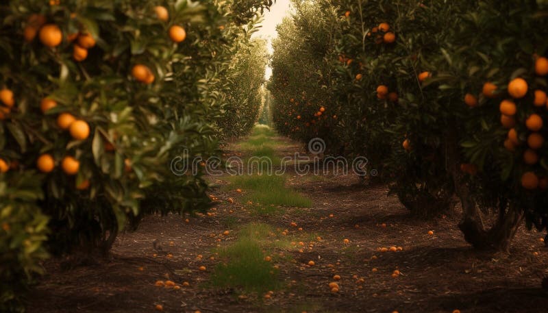 Row of Ripe Citrus Trees in Sunset Glow Generative AI Stock Photo ...