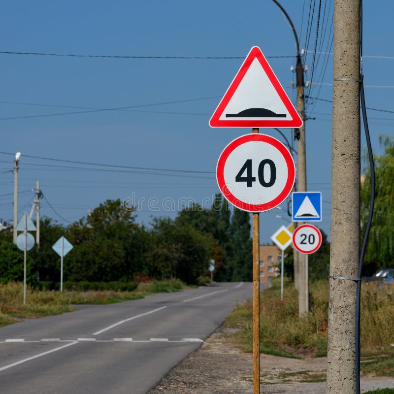 Row of Road Signs on City Road Stock Photo - Image of triangle, traffic ...