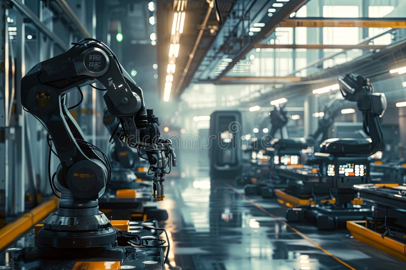 A Row of Robotic Arms Operate within a Clean, High-tech Manufacturing ... A Row of Robotic Arms Operate within a Clean, High-tech Manufacturing ...