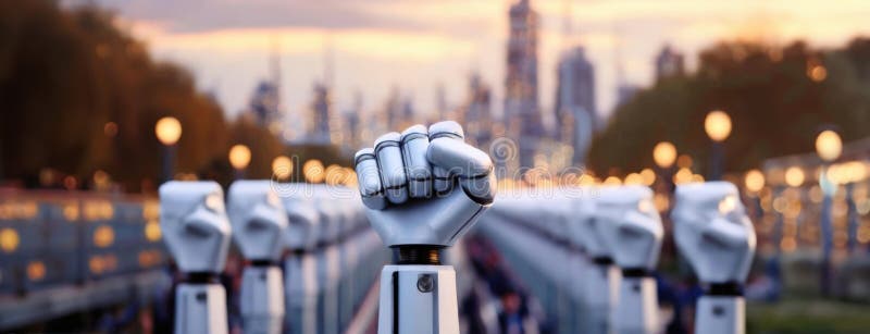 Row of Robotic Hands Raised in a Gesture of Unity or Solidarity. the ...