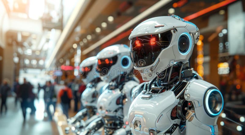 Row of Robots Lined Up in Building Stock Image - Image of waiter ...