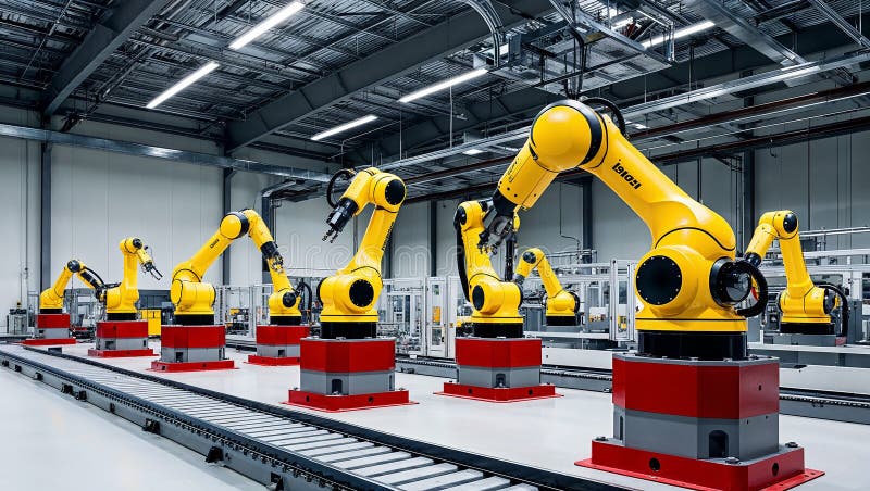 Row of Robots are Lined Up in a Factory Stock Illustration ...