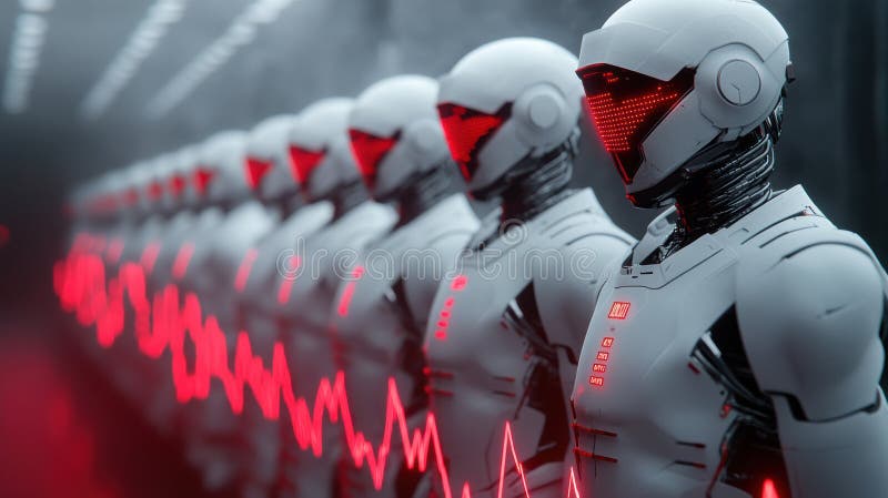 A Row of Robots Lined Up in a Line with Glowing Red Lights, AI Stock ...