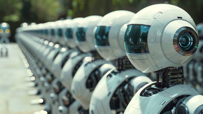 A Row of Robots Lined Up in a Line on the Ground, AI Stock Image ...