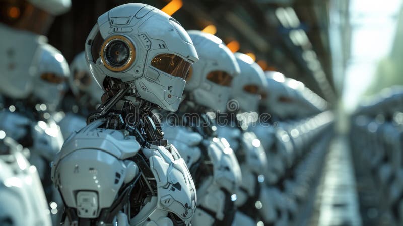 A Row of Robots Lined Up in a Line with Their Eyes Open, AI Stock Photo ...