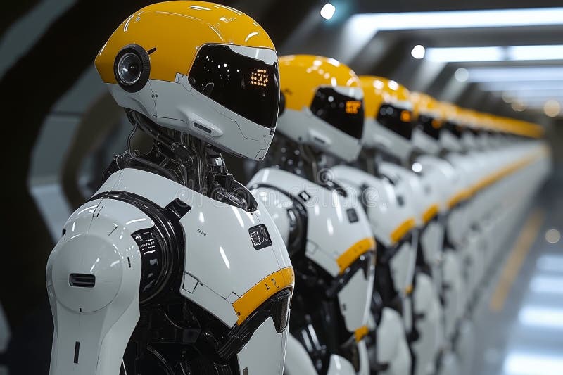 A Row of Robots Lined Up in a Row in a Tunnel Stock Image - Image of ...