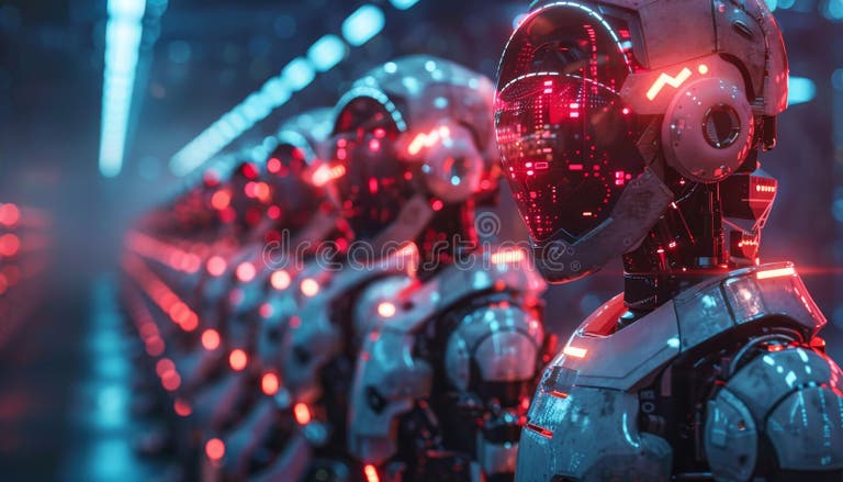 A Row of Robots with Red Eyes and Glowing Faces by AI Generated Image ...