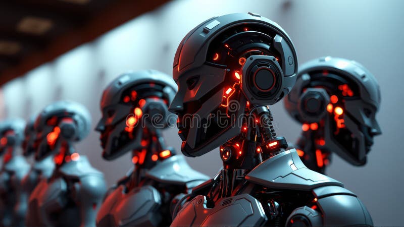Row of Robots with Red Internal Lights. AI Generation Stock Image ...