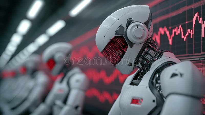 A Row of Robots with Red Lights on Their Heads, AI Stock Image - Image ...
