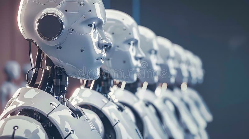 A Row of Robots Stand in a Line, All with the Same Design and Color ...