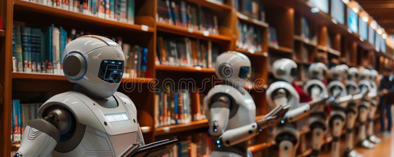 Row of Robots Standing in a Library, Futuristic Technology Concept ...