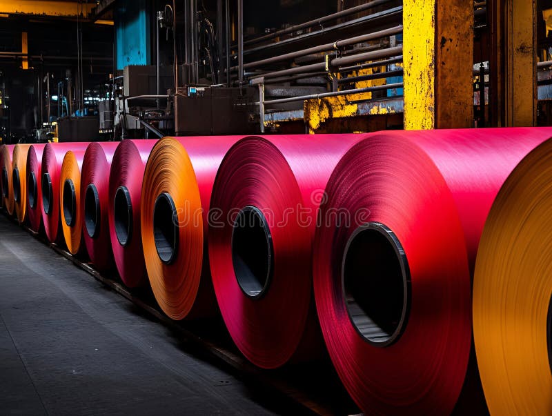 A Row of Rolls of Red and Yellow Steel in a Factory Stock Photo - Image ...