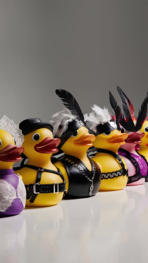 A Row of Rubber Ducks with Different Costumes Lined Up, AI Stock Image ...