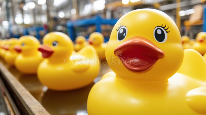 A Row of Rubber Ducks Sitting in a Factory Line, AI Stock Photo - Image ...
