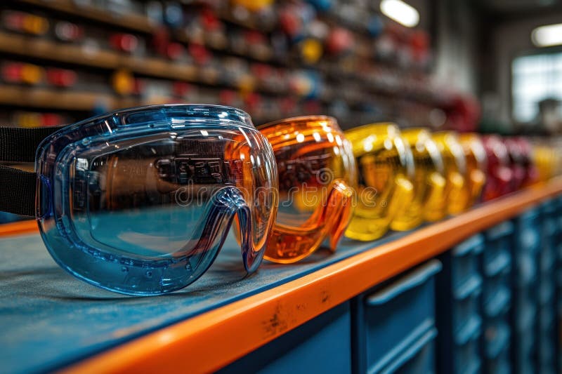 A Row of Safety Goggles in Various Colors Sit on a Shelf in a Hardware ...