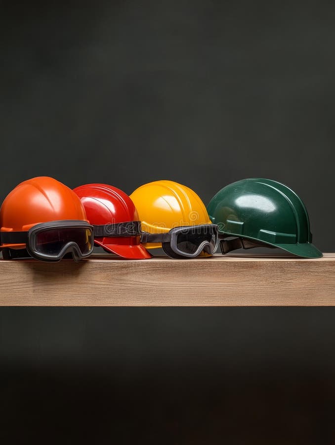 A Row of Safety Helmets in Different Colors Each with a Pair of Goggles ...