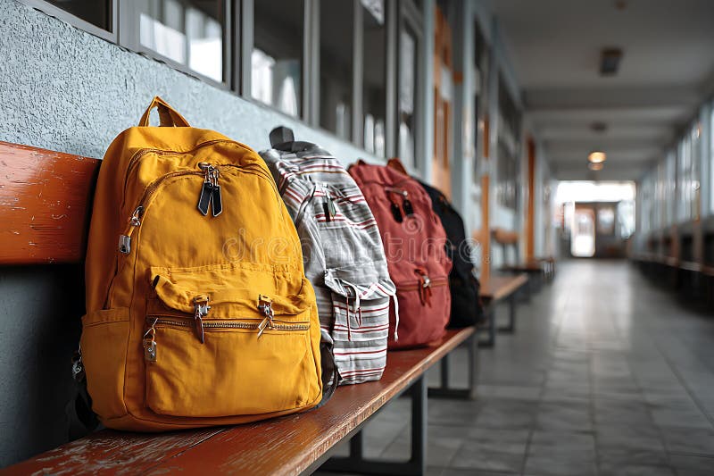 Row of School Backpacks on Wooden Bench in Hallway with Windows and ...