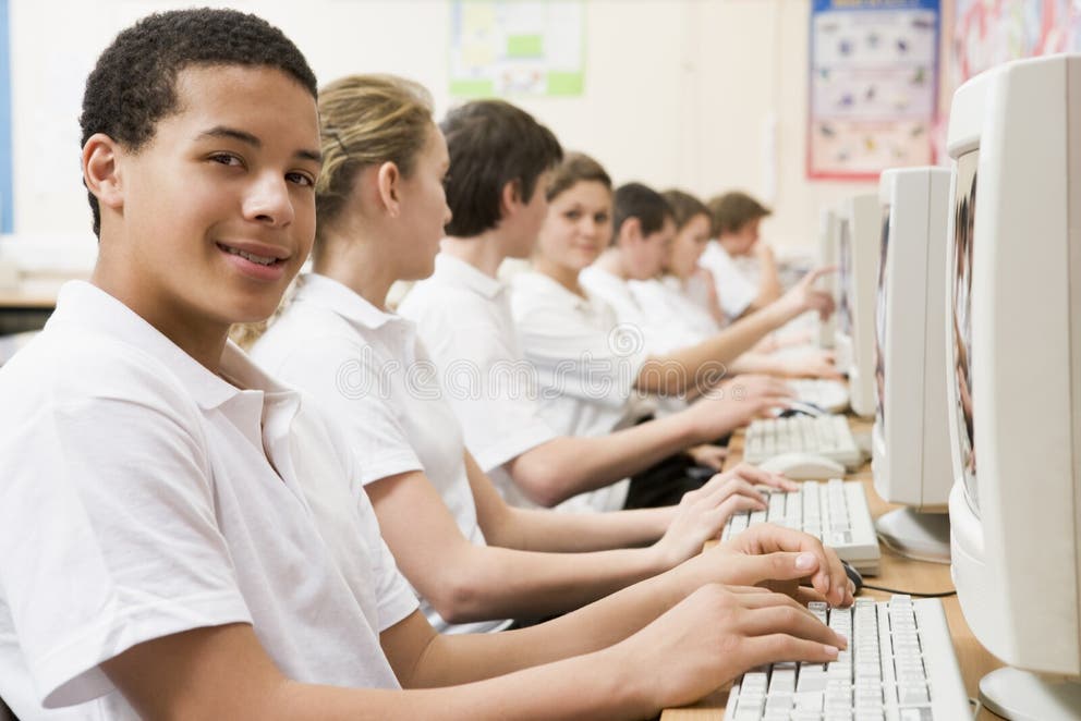 Row of Schoolchildren Studying on Computers Stock Image - Image of ...