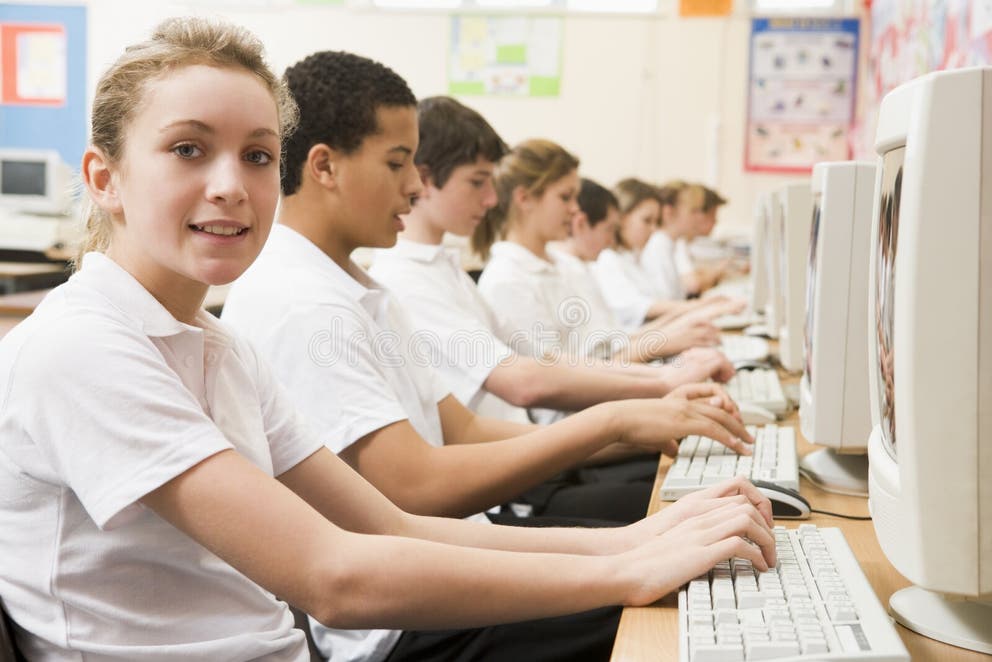 Row of Schoolchildren Studying on Computers Stock Photo - Image of ...