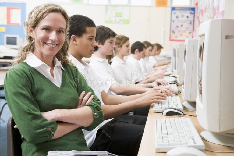 Row of Schoolchildren Studying on Computers Stock Image - Image of ...