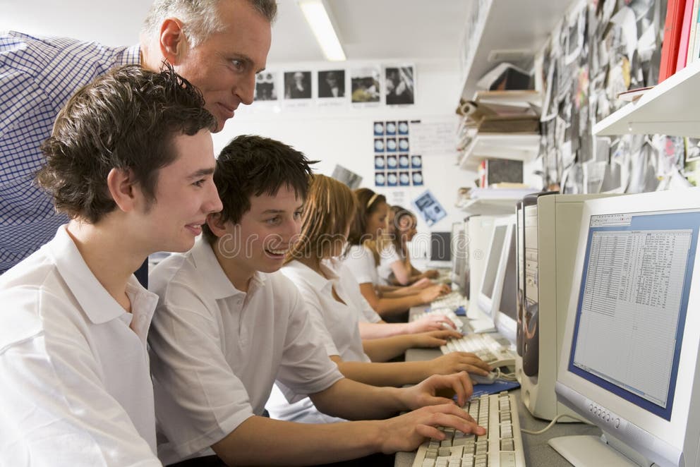 Row of Schoolchildren Studying on Computers Stock Image - Image of ...