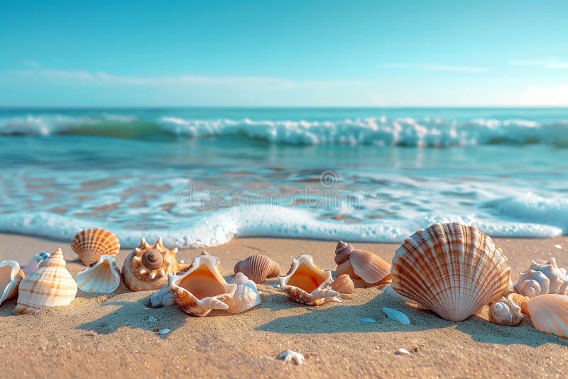 A Row of Seashells in Various Colors and Shapes Rests on the Sandy ...