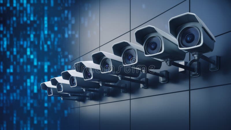 A Row of Security Cameras Mounted on a Wall in Front of Blue Lights, AI ...