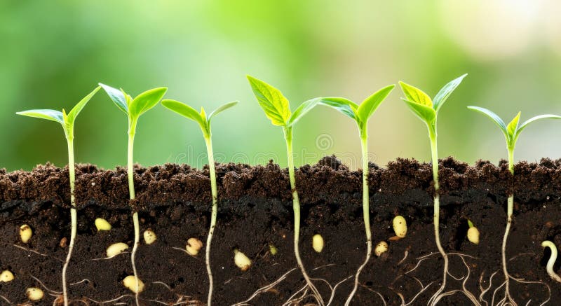 Row of Seedlings Growing in Soil with Visible Roots and Seeds Beneath ...