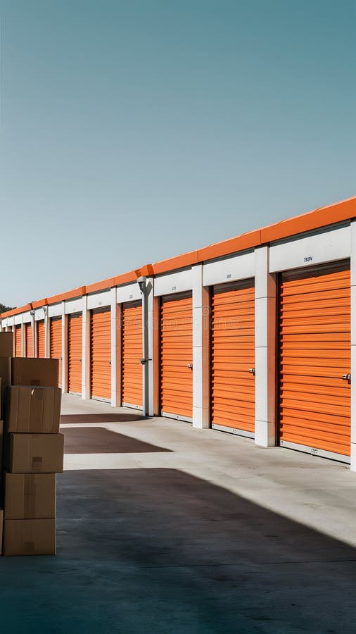 Row of Self Storage Units with Bright Orange Doors, Stacked Cardboard ...
