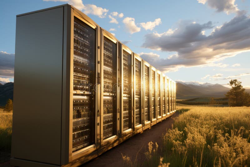 Server Racks in Sunset Landscape with Beautiful Lighting Stock Image ...