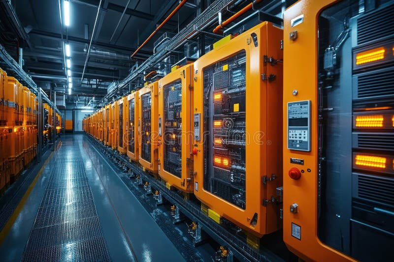 A Row of Server Racks in a Data Center, Lit by Bright Lights Stock ...