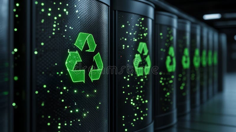A Row of Server Racks with Glowing Green Recycling Symbols ...