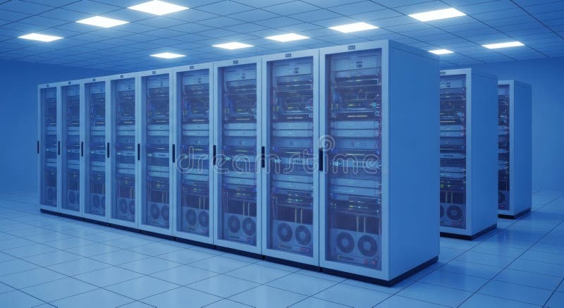 A Row of Server Racks, Housed in a Data Center with Cool Blue Lighting and Precise Symmetry ...