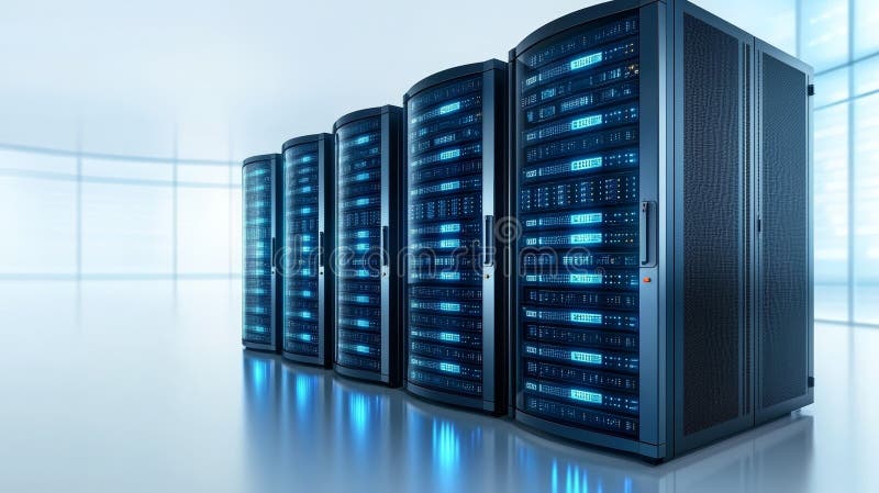 A Row of Server Racks in a Modern Data Center with Blue Lights Stock ...