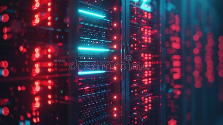 A Row of Servers in a Data Center Facility with Network Equipment and ...