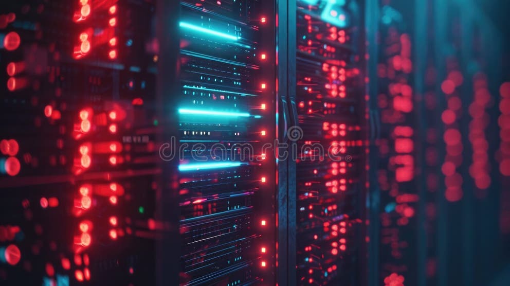 A Row of Servers in a Data Center Facility with Network Equipment and ...
