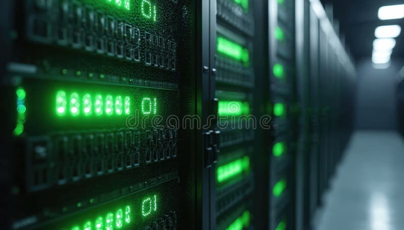 Row of Servers Data Center. Green Lights Shows Servers on. Digital Computing Infrastructure ...