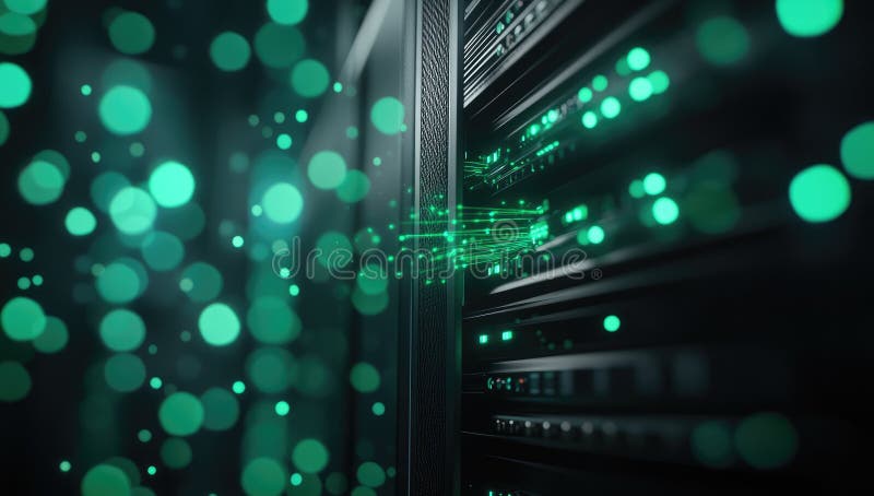 A Row of Servers in a Data Center Has Green Lights Showing they are on ...