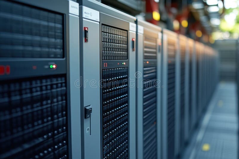 A Row of Servers in a Data Center, Lit by Overhead Lights Stock ...