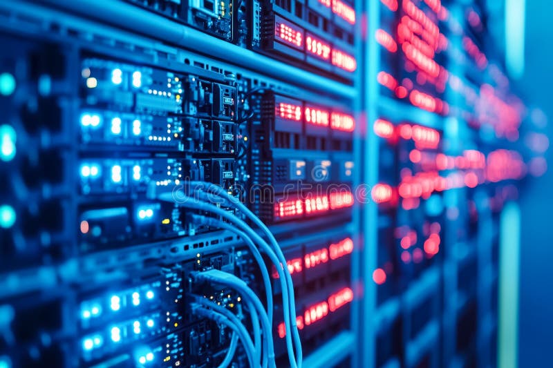 A Row of Servers in a Data Center with Red and Blue Lights Stock Photo ...