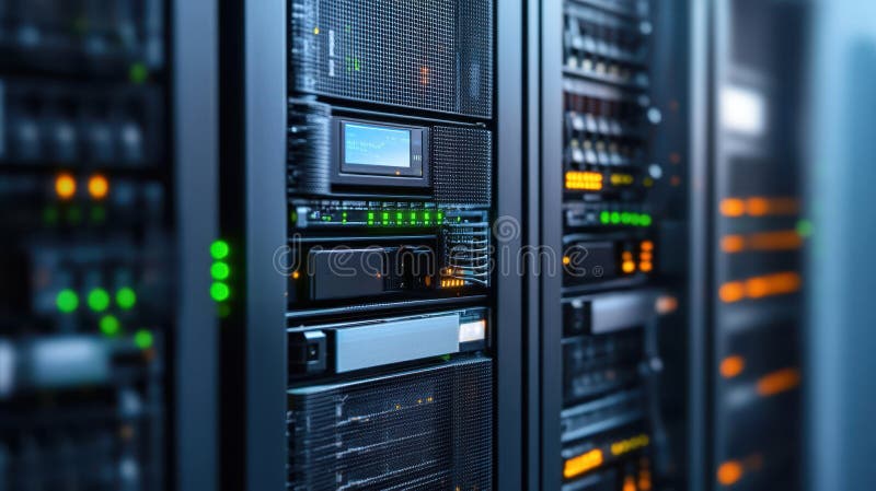 A Row of Servers with Illuminated Green Lights, Showcasing a Modern ...