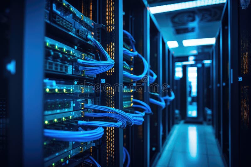 Row of Servers in a Server Room, Internet Cables and Wires in Server ...