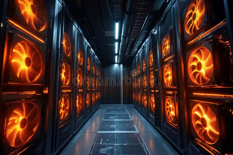 A Row of Servers in a Server Room with Orange Lights Stock Photo ...
