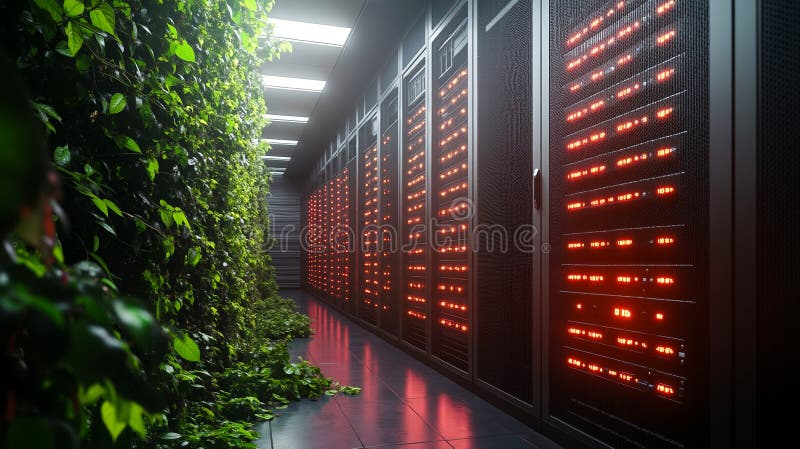 A Row of Servers in a Server Room with Plants Growing on the Walls ...