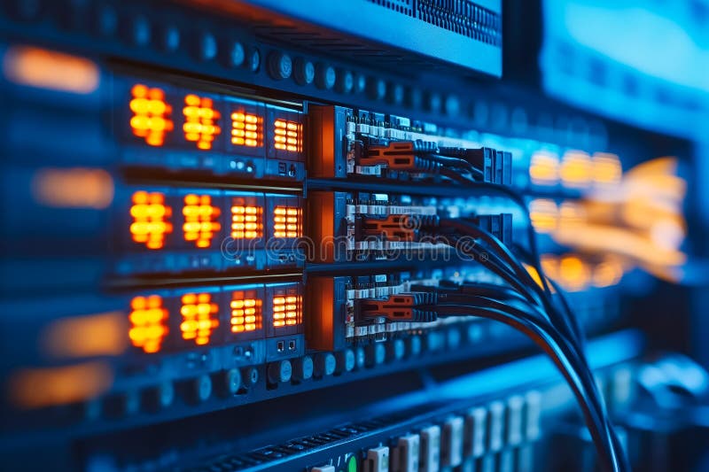 A Row of Servers in a Server Room with Red and Blue Lights Stock Image ...